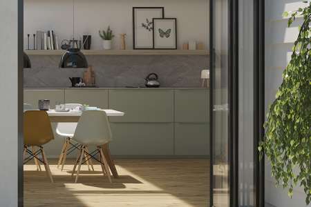 Sprchový kout v kombinaci dekoru Versalles a imitace břidlice Tibet Black (Codicer)