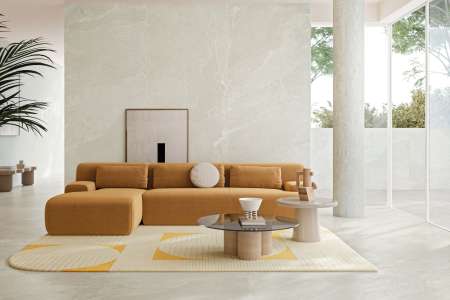 Obývací pokoj s obklady jako bílá cihla ze série Elios Domus.