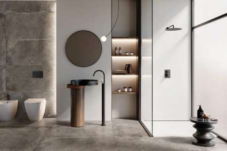 Šedé dlažby Velvet Silver a Stone v koupelně (Codicer)