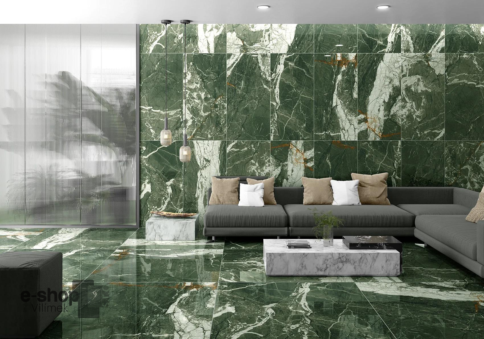 Obývací pokoj se zelenými obklady a dlažbou ve stylu mramoru ze série ...