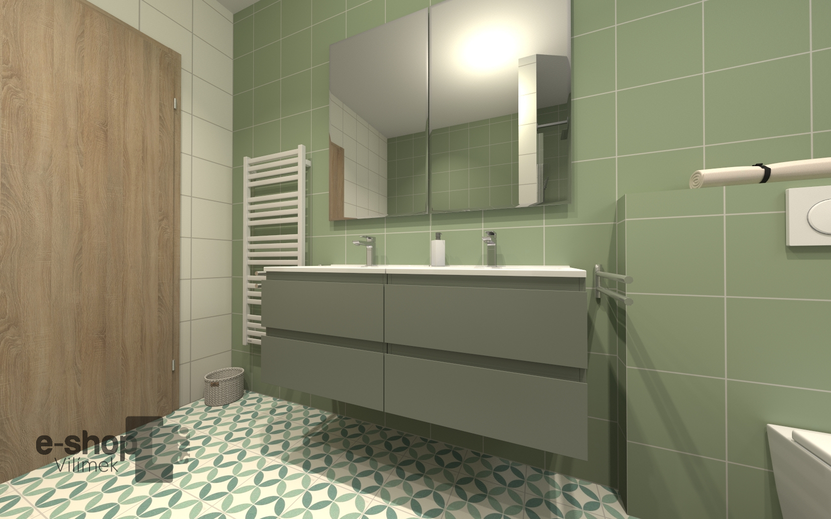 Vizualizace zelenobéžové koupelny s dlažbou Codicer Riviera Nice Green a obkladem Codicer Basic