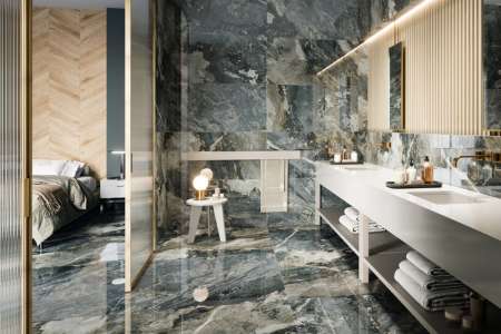 Sprchový kout v kombinaci dekoru Versalles a imitace břidlice Tibet Black (Codicer)