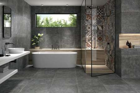 Šedé dlažby Velvet Silver a Stone v koupelně (Codicer)