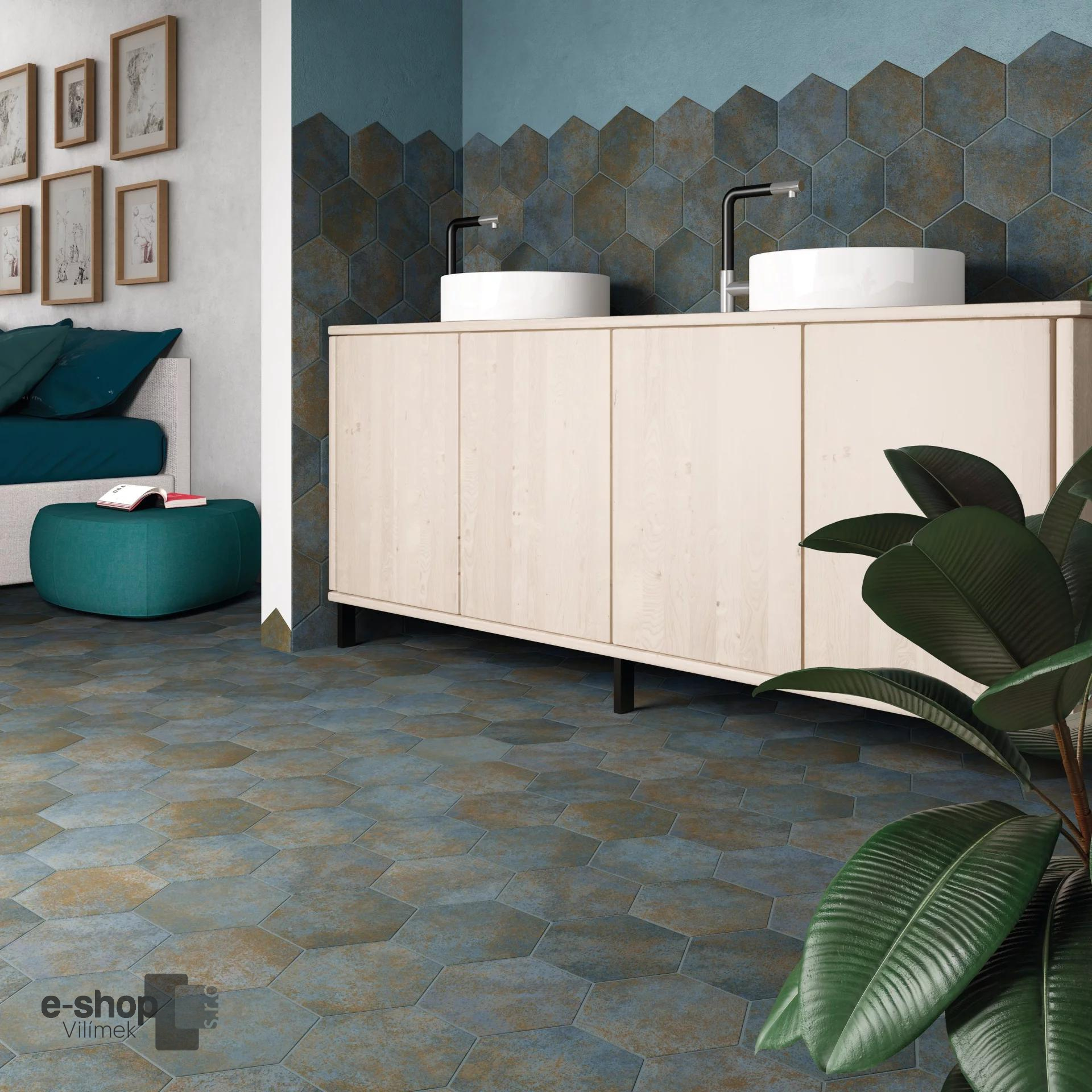 Modrá šestihranná dlažba a obklad v odstínech modré Equipe Oxide