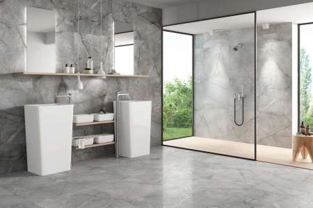 Sprchový kout v kombinaci dekoru Versalles a imitace břidlice Tibet Black (Codicer)