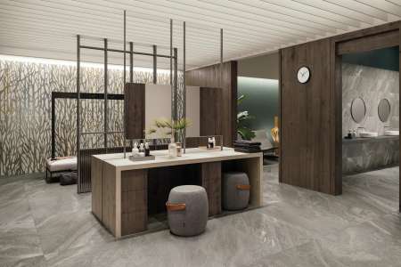 Šedé dlažby Velvet Silver a Stone v koupelně (Codicer)