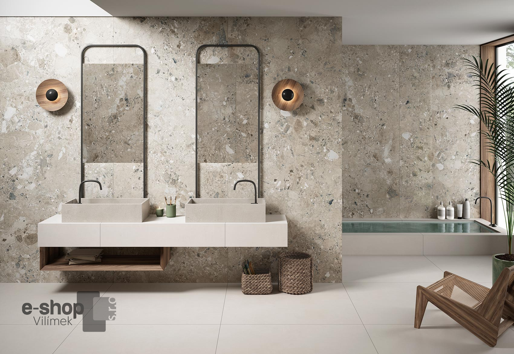 Koupelna s velkoformátovými obklady jako kámen ze série Navarti Ura ...