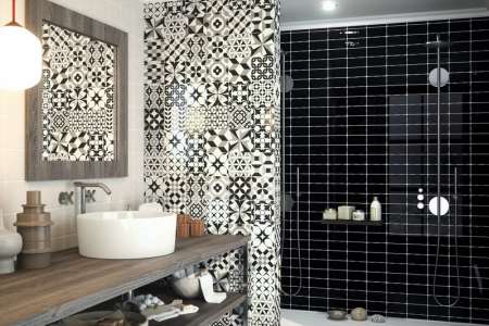 Sprchový kout v kombinaci dekoru Versalles a imitace břidlice Tibet Black (Codicer)